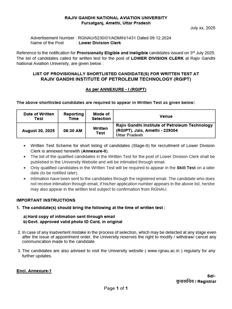 Notification For Written Test of LDC at RGIPT - 1 | PDF | Arithmetic ...