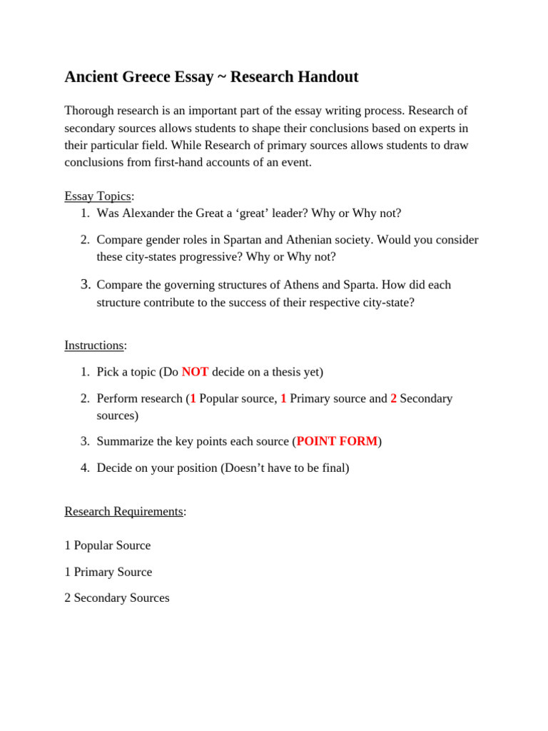Ancient Greece Essay Research Handout | PDF