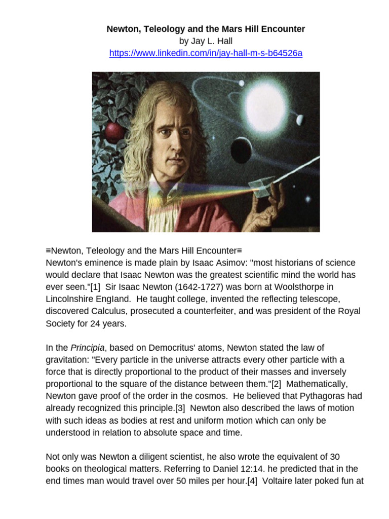 Newton, Teleology & Mars Hill by Jay L. Hall | PDF | Isaac Newton | God