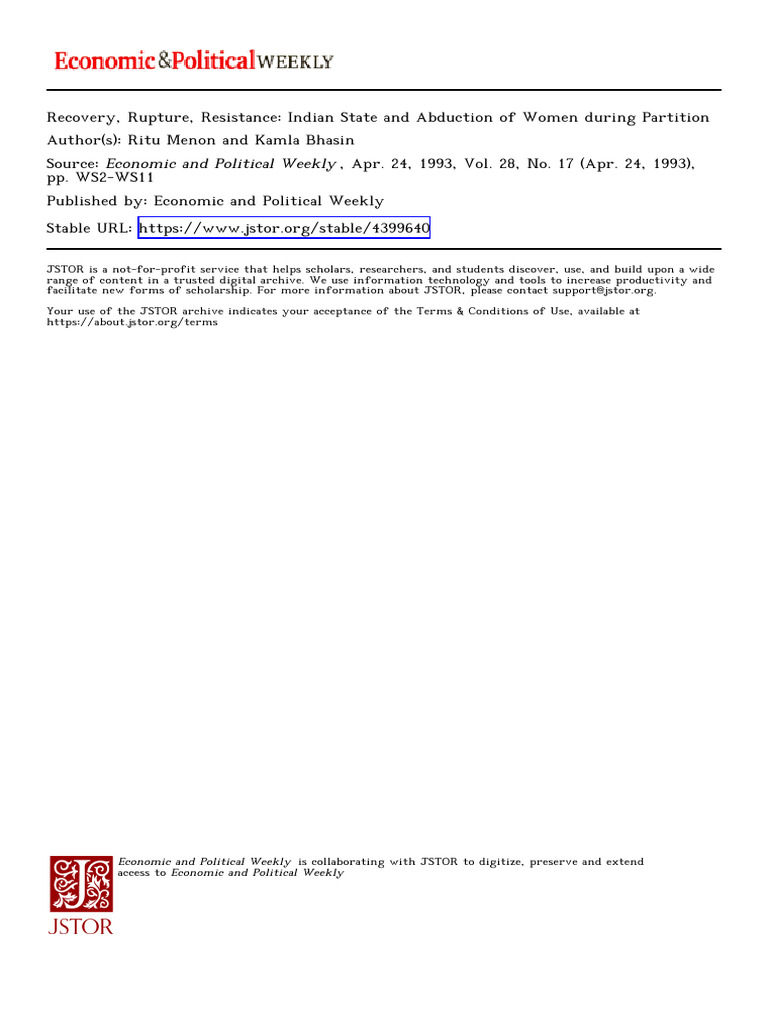 Women and Partition: Recovery and Resistance | PDF | Partition Of India ...