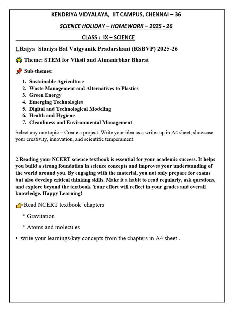Class IX Science Holiday Homework 2025-26 | PDF