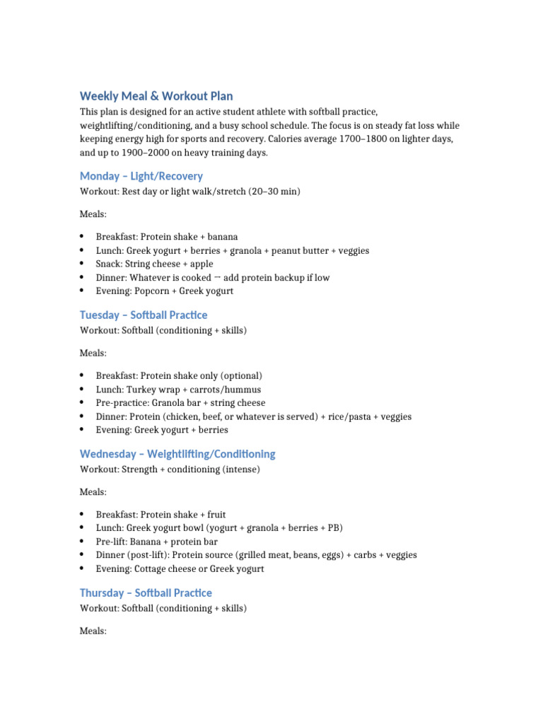 Weekly Meal Workout Plan | PDF | Meal | Lunch