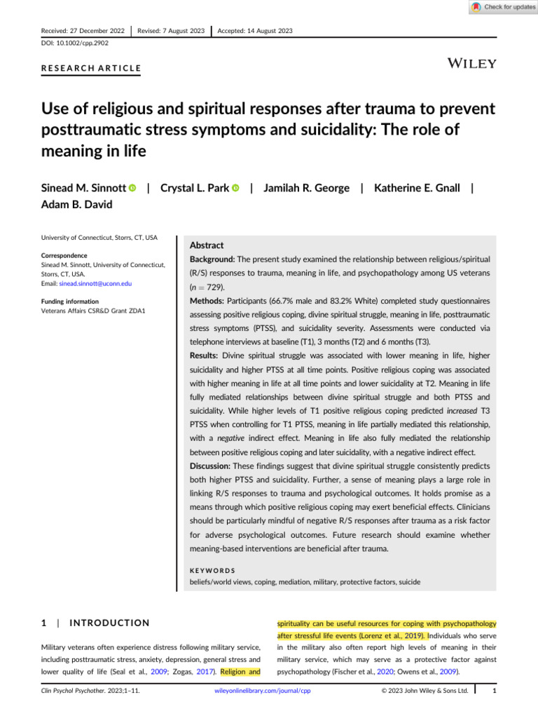 Use of Religious and Spiritual Responses After Trauma To Prevent ...