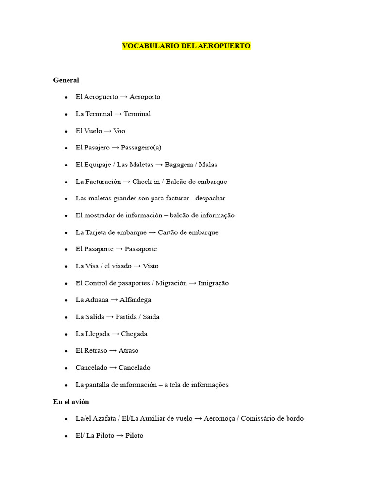 Vocabulario de Viaje (Aeropuerto y Hotel) - Ana | PDF | Auxiliar de ...