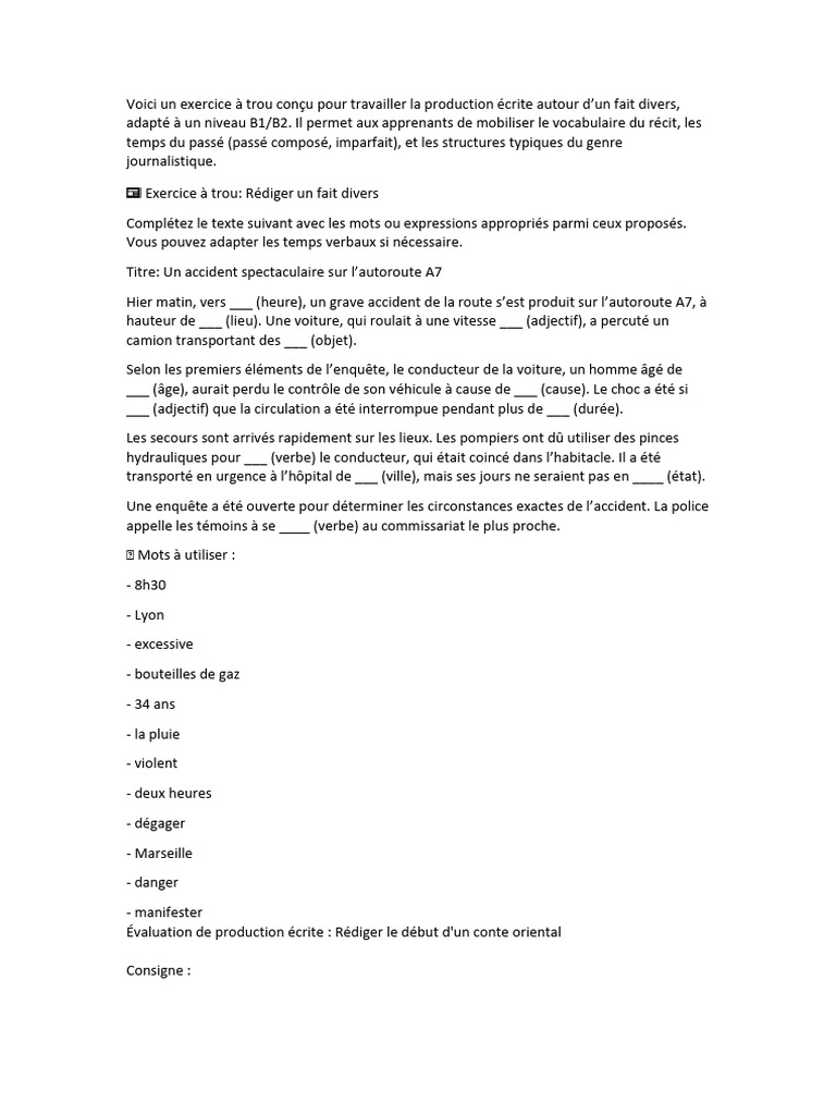 Exercice de rédaction : Fait divers et conte | PDF | Autoroute