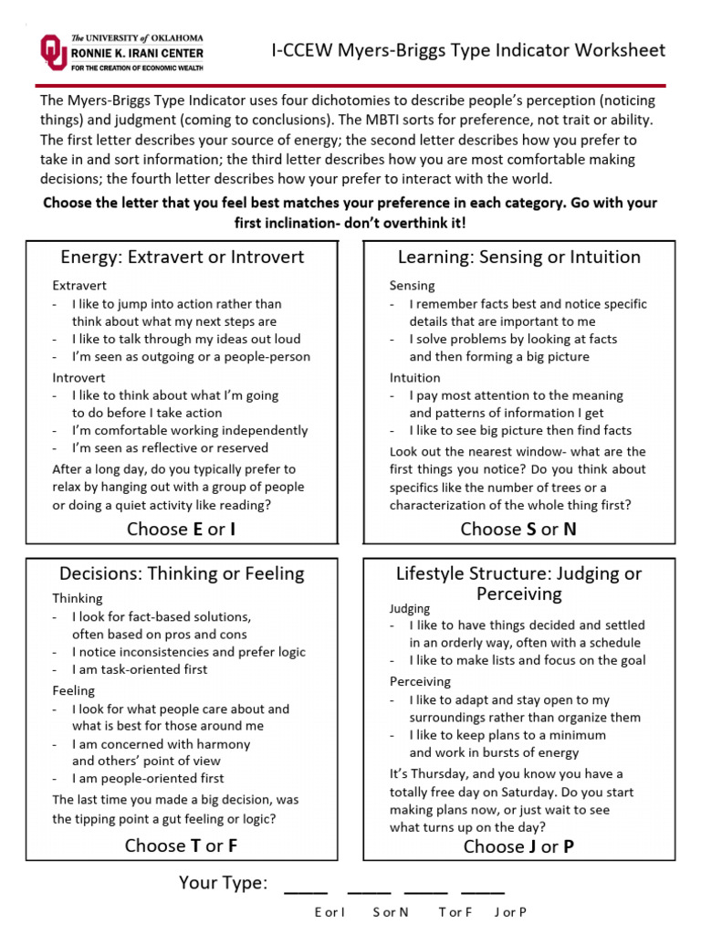 I-Ccew Mbti Worksheet | PDF | Extraversion And Introversion | Mental ...
