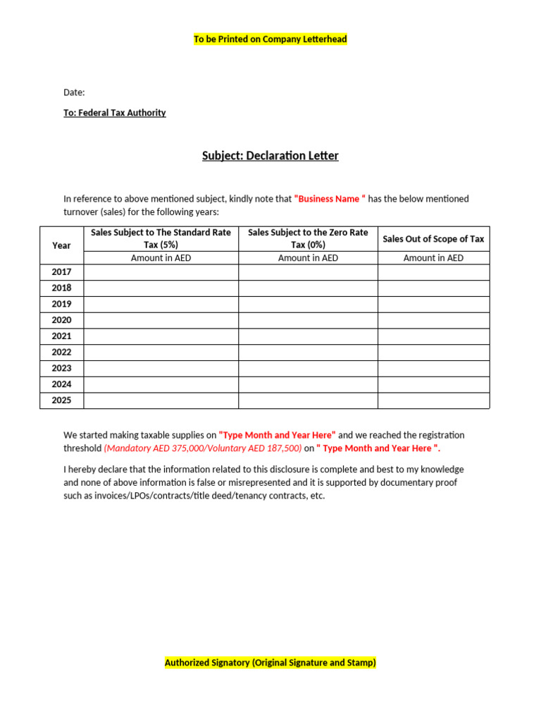 Turnover Declaration Letter - Detailed for Unregistered Member - Engish ...