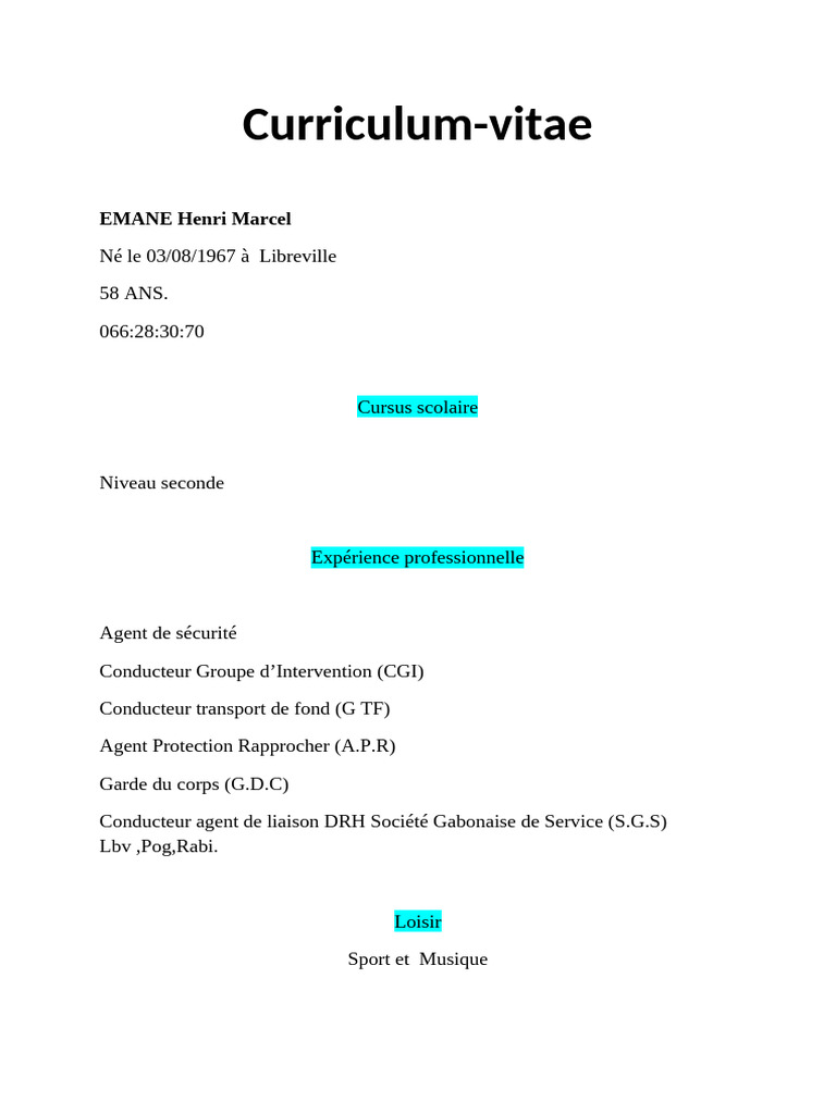 CV d'Henri Marcel Emane - Sécurité | PDF