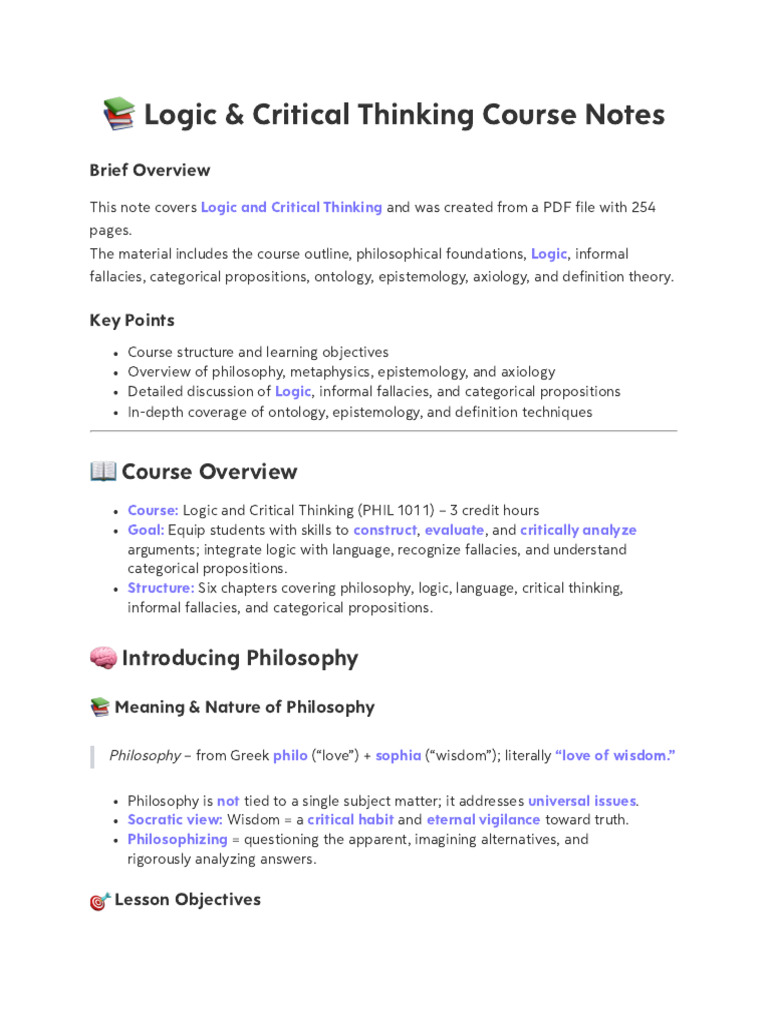 Logic and Critical Thinking Notes | PDF | Argument | Deductive Reasoning