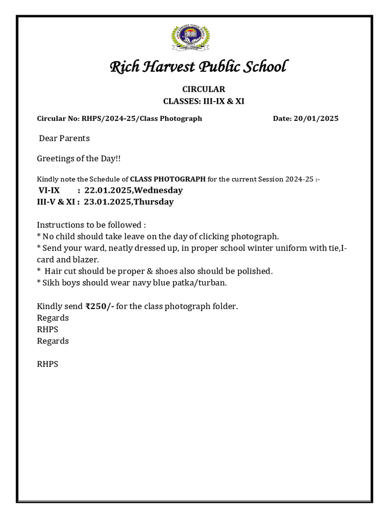 Class Photograph Schedule for RHPS 2024-25 | PDF