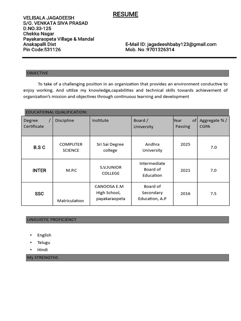 Resume of V Jagadeesh - Computer Science Graduate | PDF