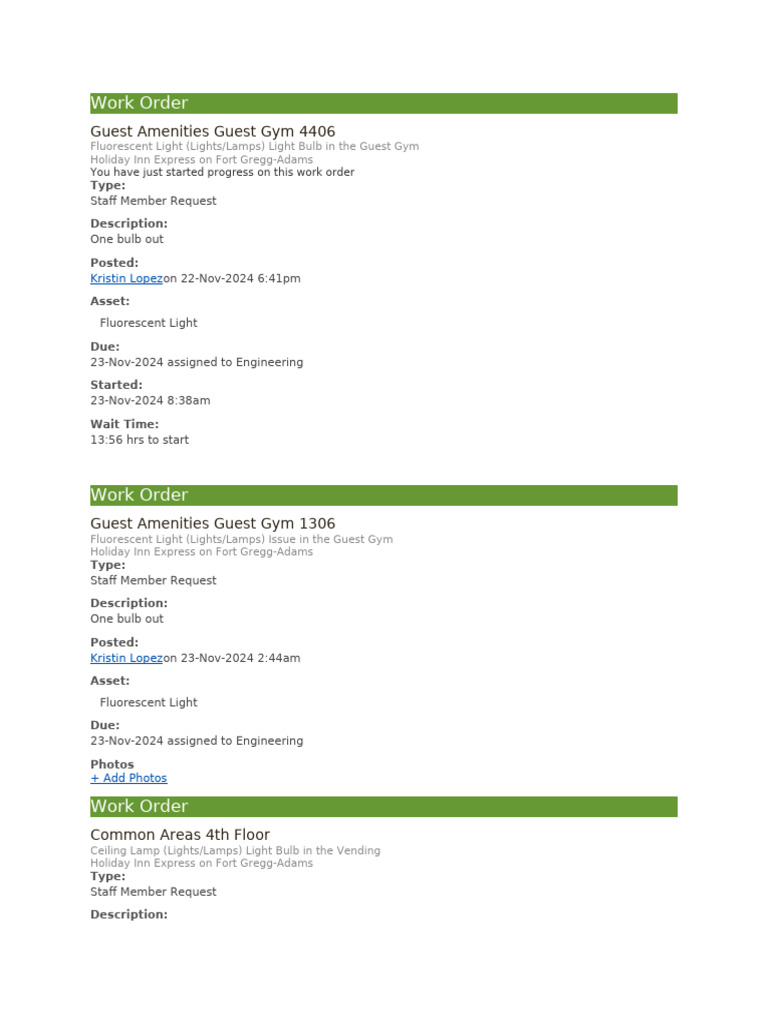 Holiday Inn Express Work Orders Summary | PDF