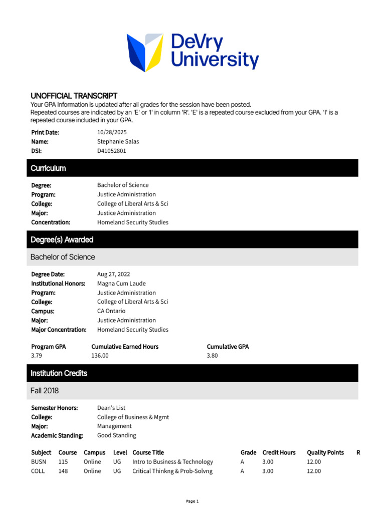 GPA Transcript for Justice Administration | PDF | Course Credit ...