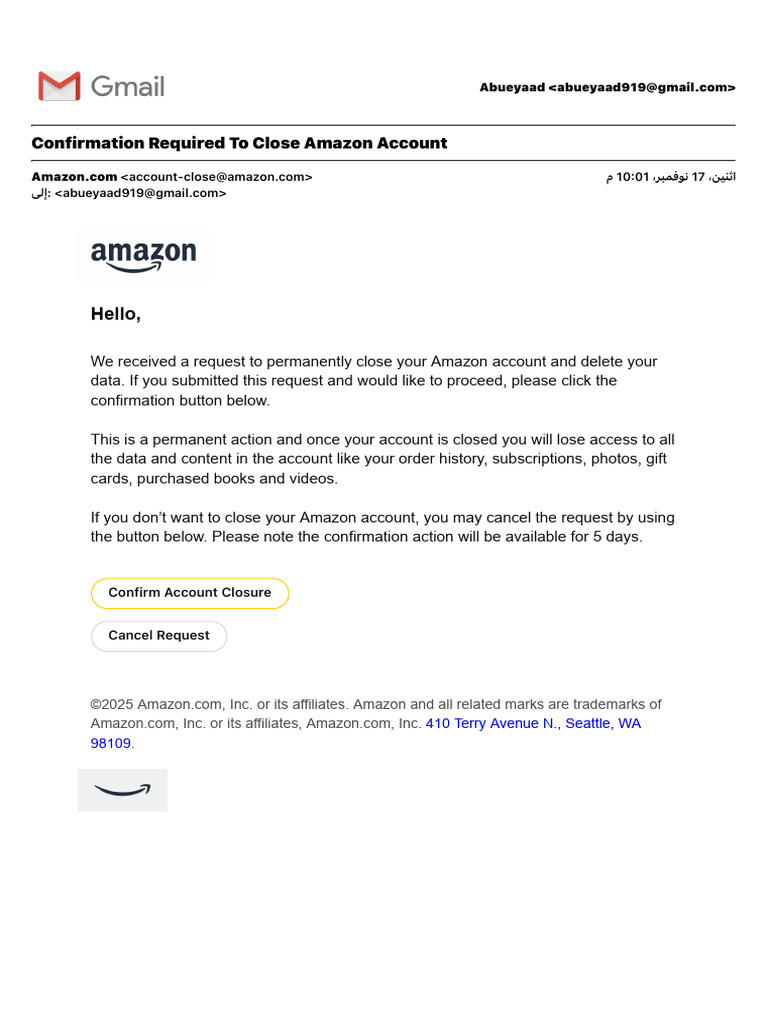 Confirmation Required To Close Amazon Account | PDF