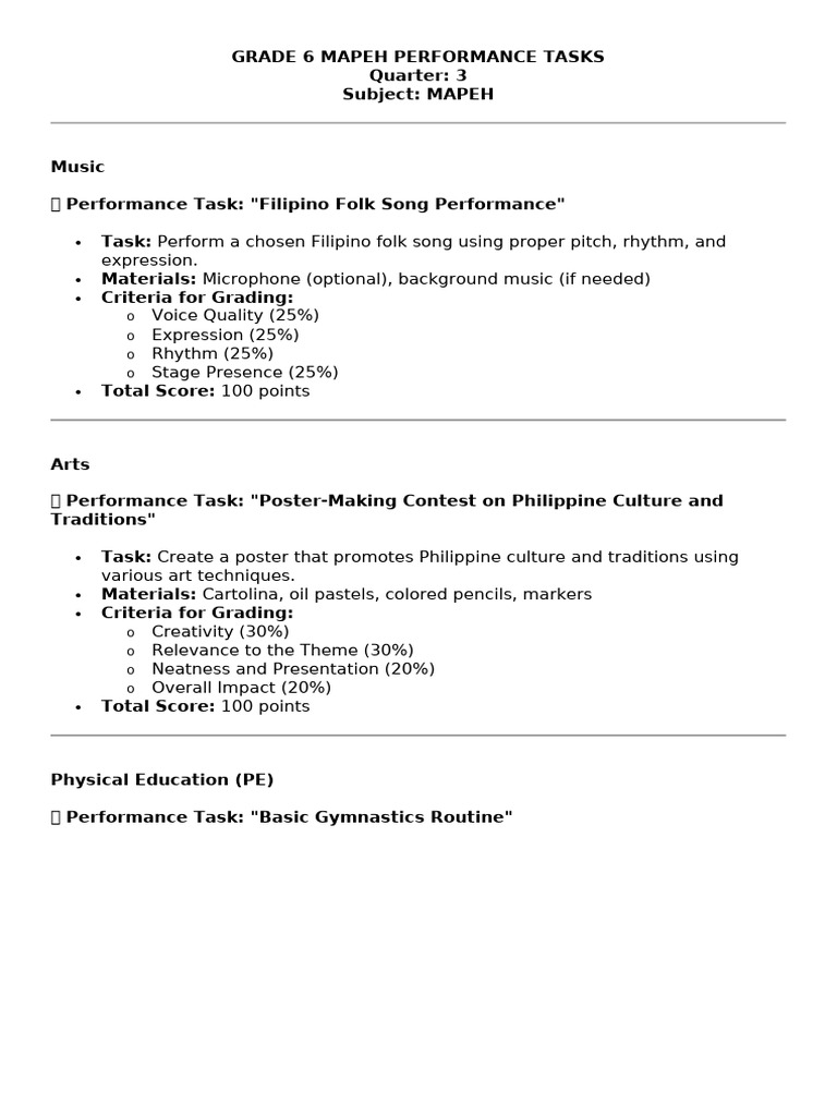 Grade 6 Mapeh Performance Tasks | PDF
