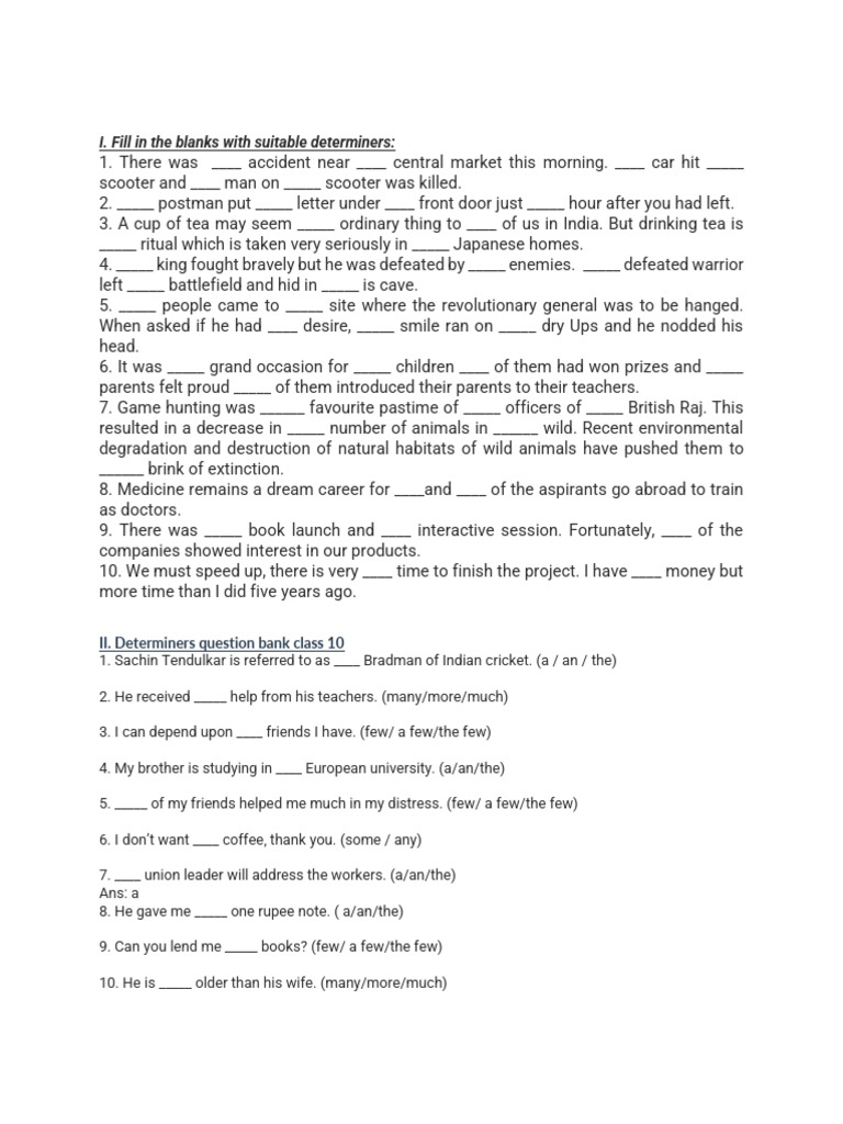 Determiners Practice Exercises for Class 10 | PDF