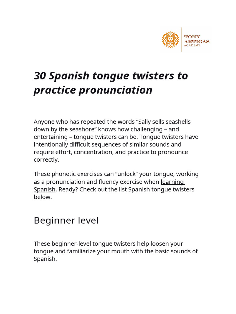 30 Spanish Tongue Twisters To Practice Pronunciation | PDF | Stress ...
