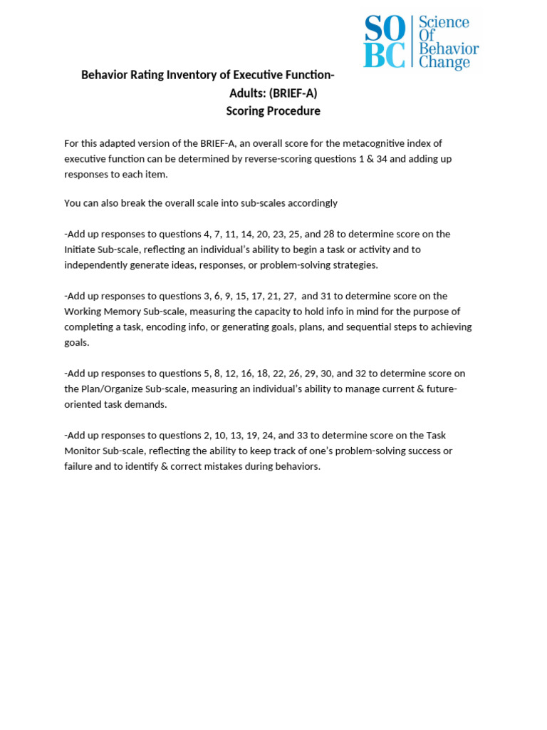 BRIEF-A Executive Function Scoring Guide | PDF