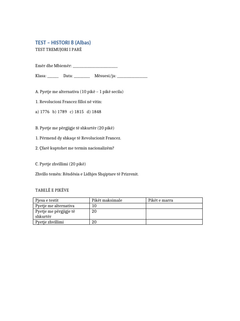 Test Tremujori Ipare Histori 8 Albas | PDF