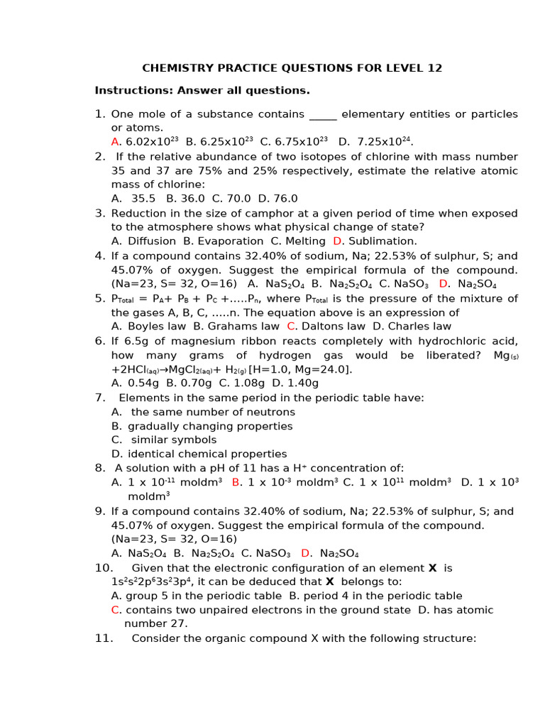 Level 12 Chemistry Practice Questions | PDF | Chemical Reactions | Acid
