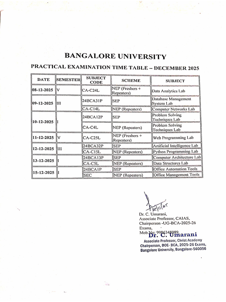 BCA Practical Timetable December 2025 | PDF