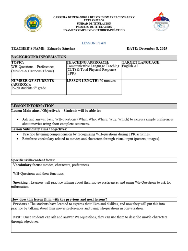 WH-Questions Lesson Plan for A2 Students | PDF | Behavior Modification ...