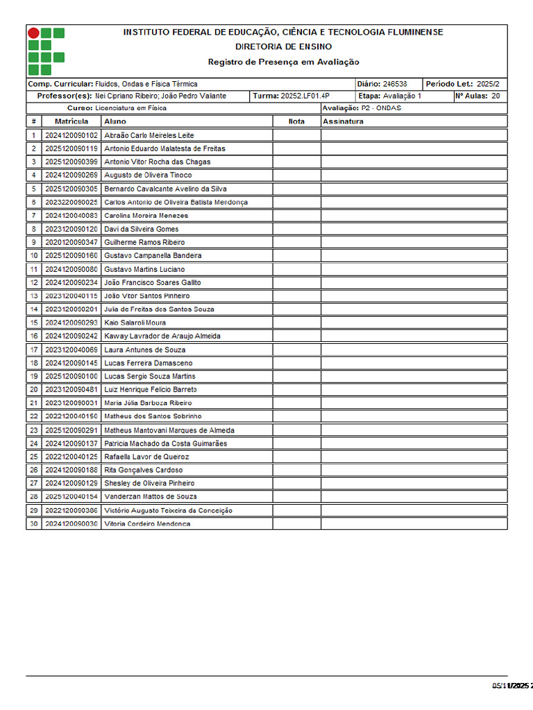 Lista de Presença FOFT - P2 | PDF