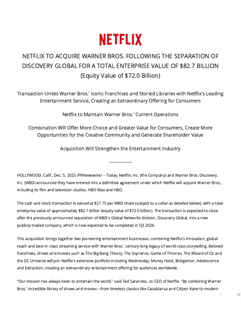 Netflix Acquires Warner Bros. for $82.7B | PDF | Mergers And ...