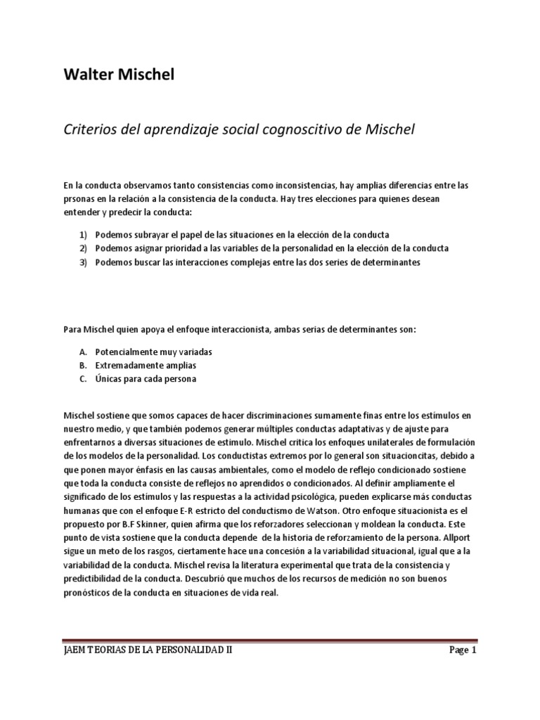 Walter Mischel | PDF | Comportamiento | Conocimiento