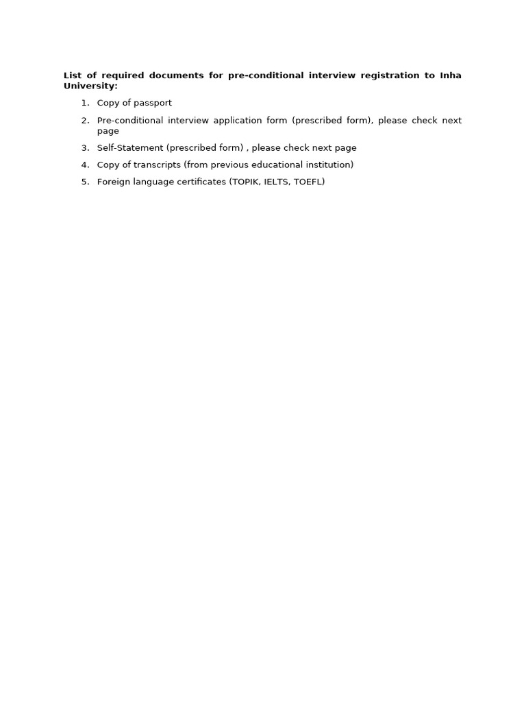 Inha University Interview Document Checklist | PDF | Government And ...