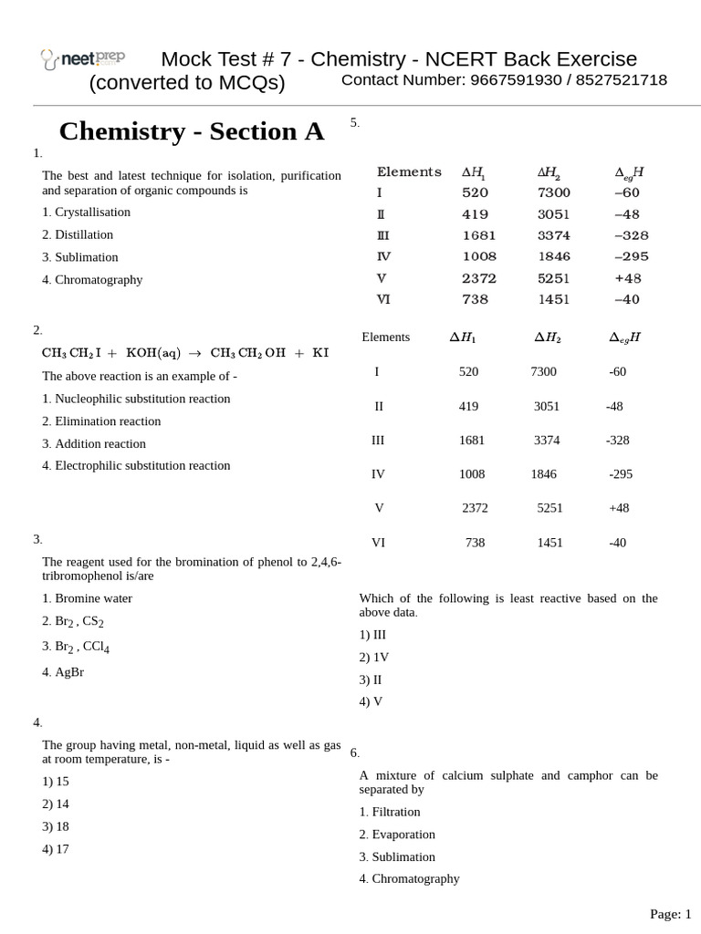 Mock Test # 7 Chemistry 10 Chapters NCERT Back Exercise | PDF ...
