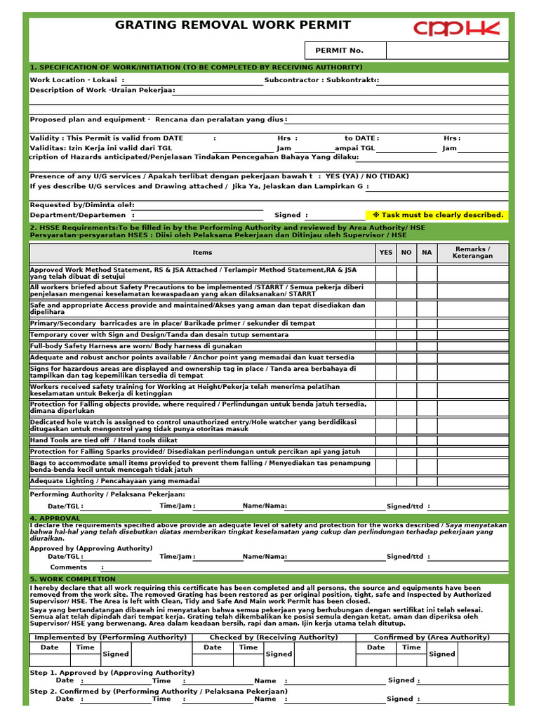 Grating Removal Work Permit Template | PDF | Safety | Occupational ...