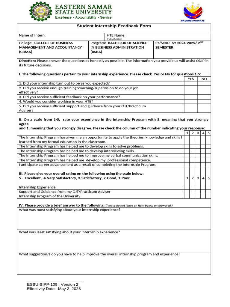 Student Internship Feedback Form | PDF