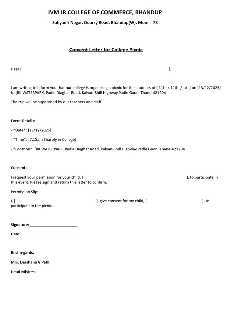 Consent Letter For School Picnic - Docx - 20251212 - 114609 - 0000 | PDF