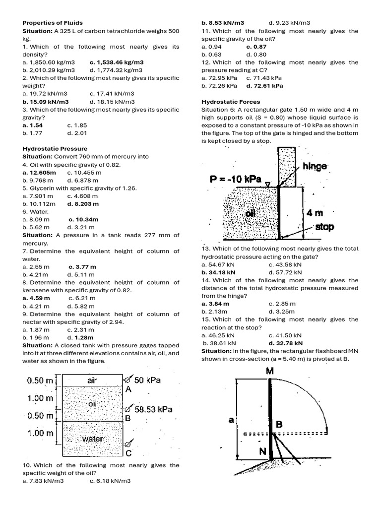 Fluid Properties and Hydrostatic Calculations | PDF | Pressure | Force