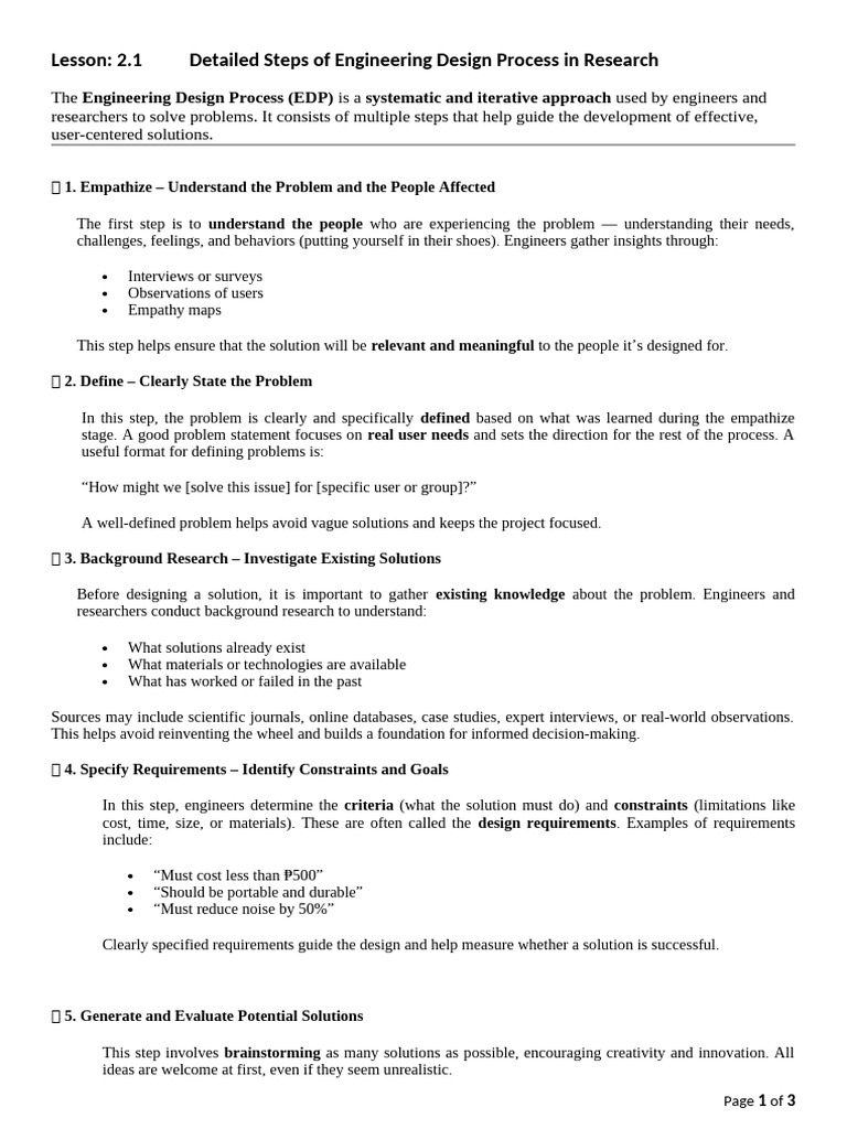 RESEARCH III Q1 Lesson 2.1 - Steps of Engineering Design Process | PDF ...