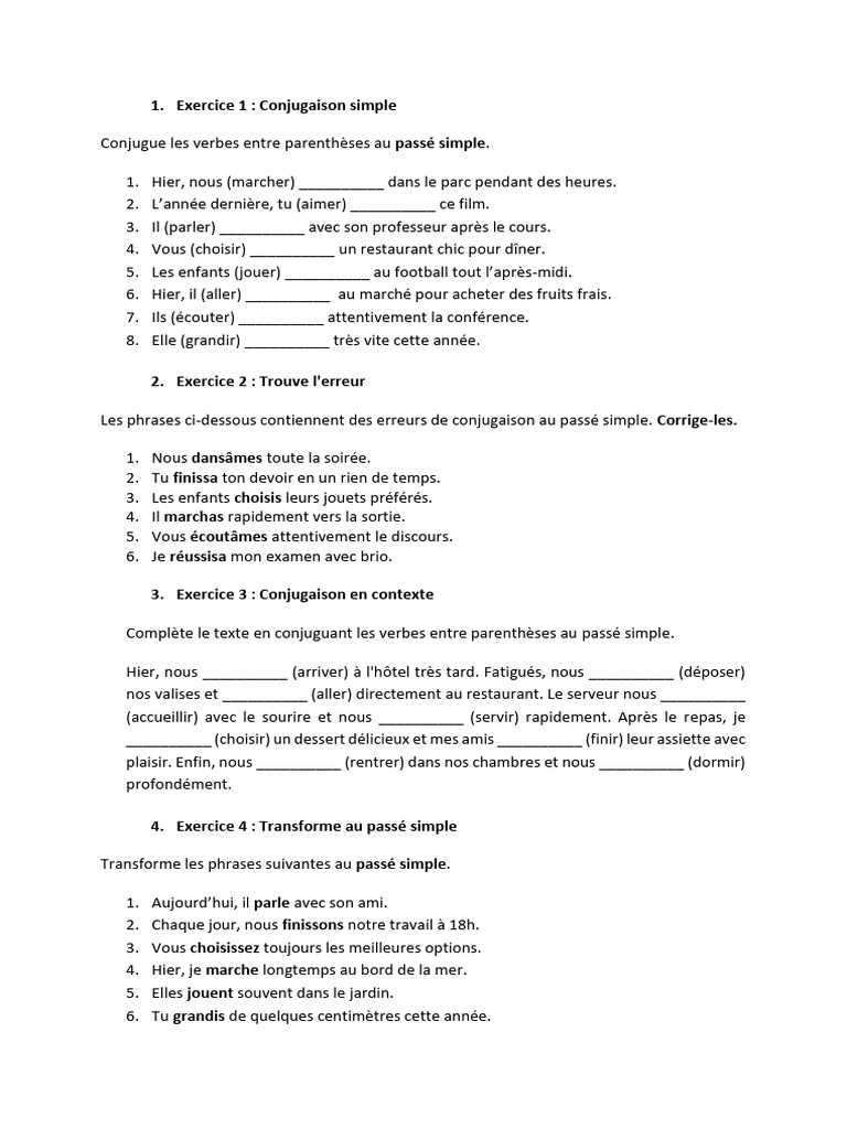 Exercices de conjugaison au passé simple | PDF