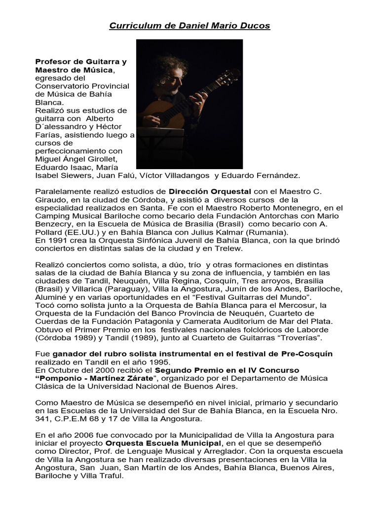 Curriculum de Daniel Mario Ducos: Música y Guitarra | PDF | Maestros ...