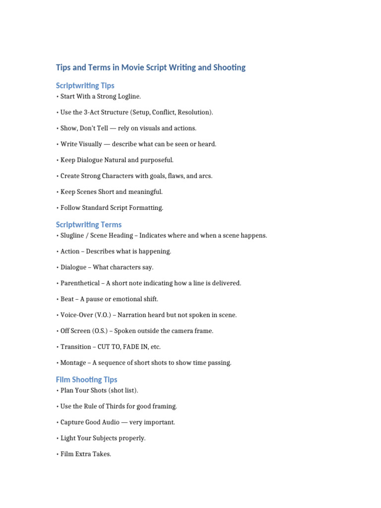 Movie Script Writing & Shooting Tips | PDF