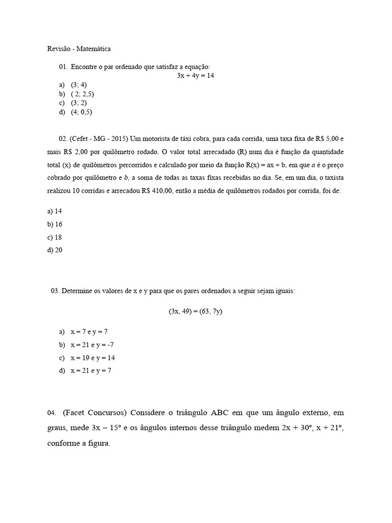 Exercícios de Matemática: Funções e Ângulos | PDF