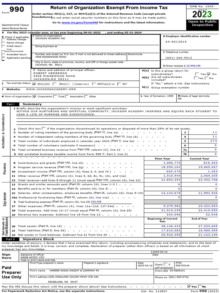 Jackson Academy 2023 Form 990 Summary | PDF | Irs Tax Forms | Taxes