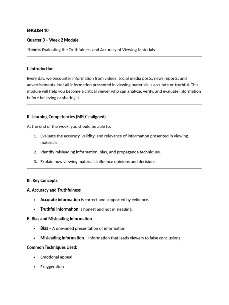 ENGLISH 10 QUARTER 3 WEEK 2 | PDF | Bias | Information