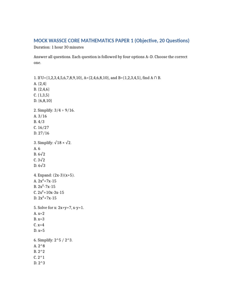 Mock WASSCE Maths Core1 2024 | PDF