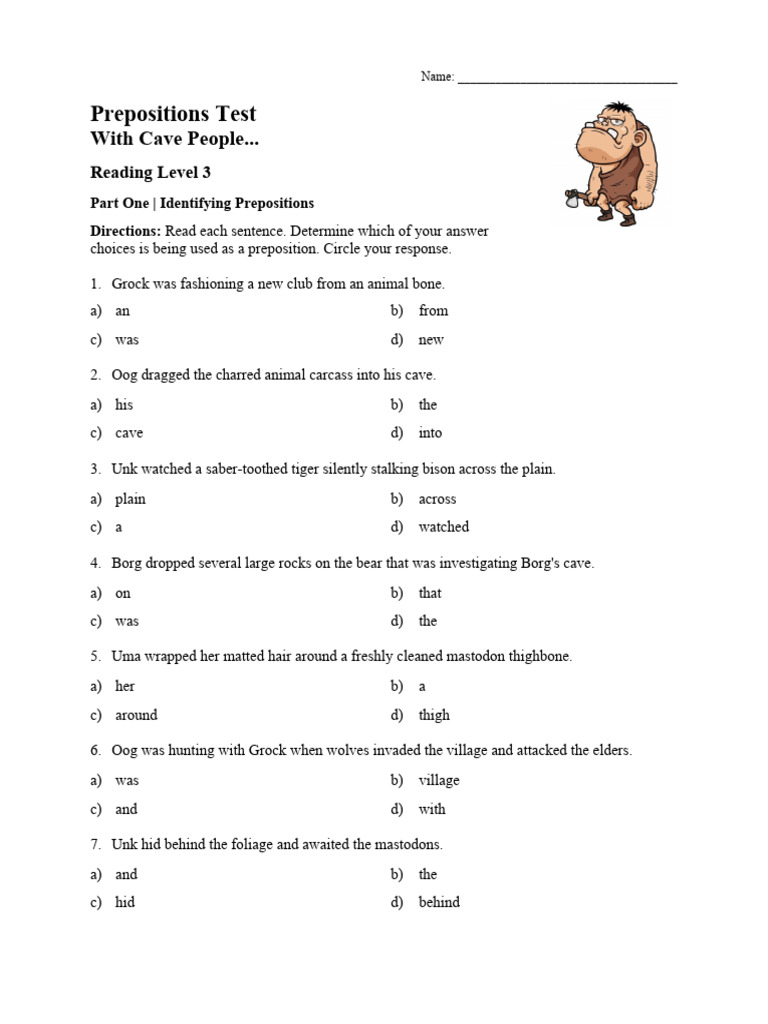 Prepositions Test for Grade 3 Students | PDF