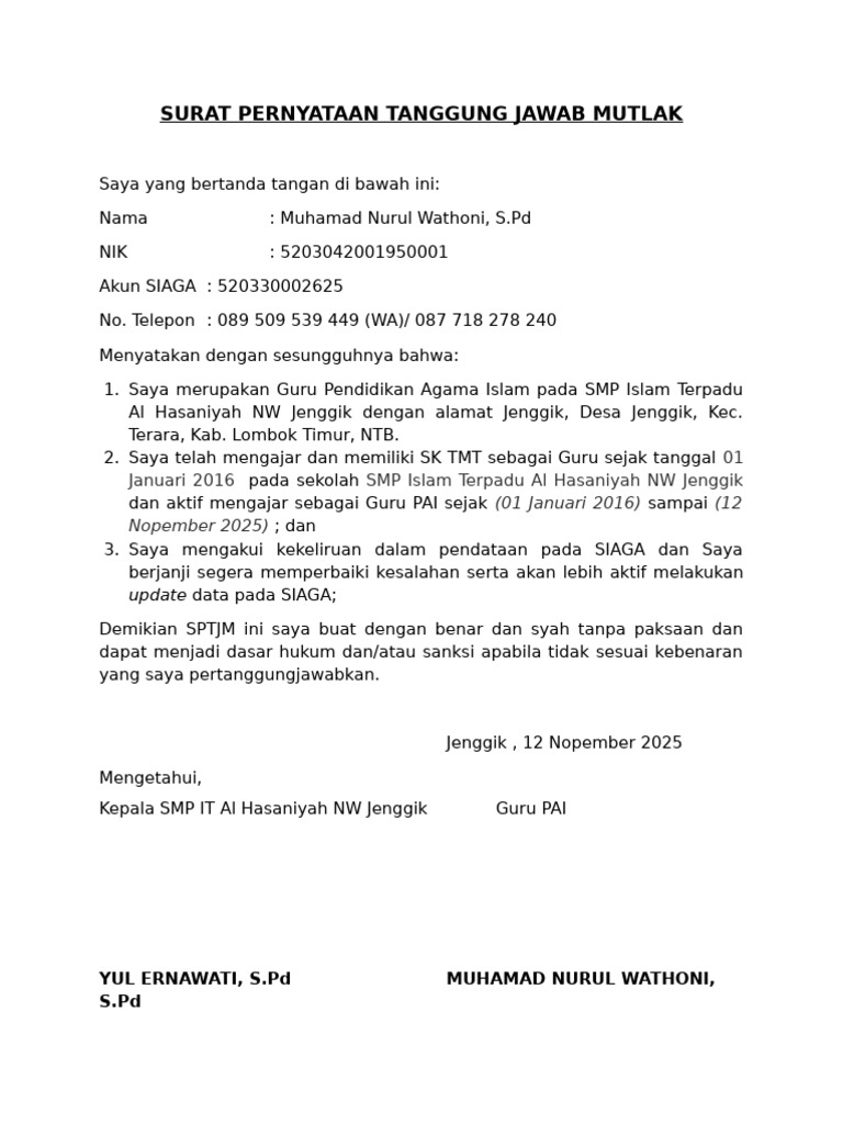 Surat Pernyataan Tanggung Jawab Mutlak 2025 | PDF