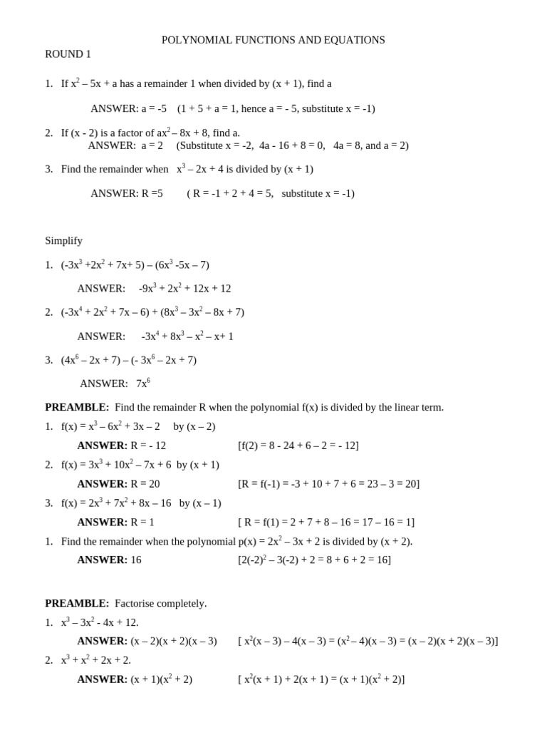 POLYNOMIAL FUNCTIONS AND EQUATIONS | PDF | Factorization | Numerical Analysis