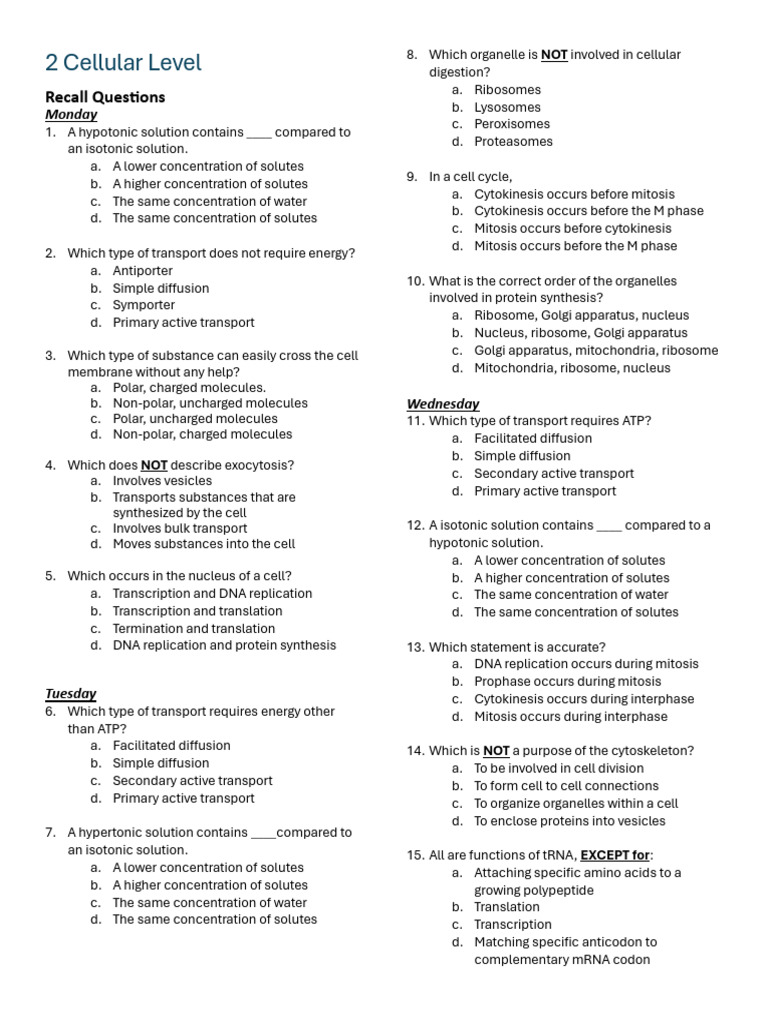 Cellular Transport and Function Quiz | PDF | Cell (Biology ...