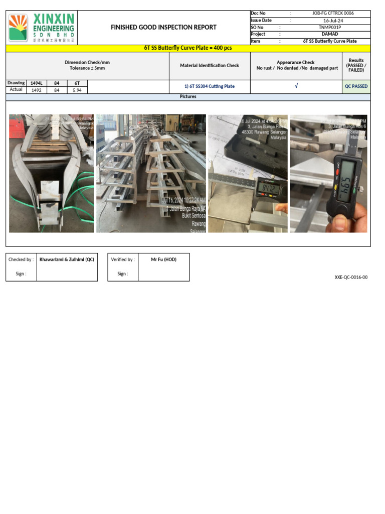 Damad 6t Ss Butterfly Curve Plate Inspection Report | PDF