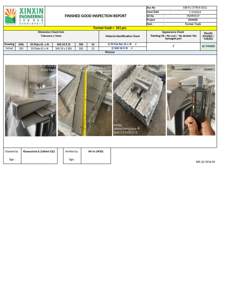 Damad Former Track CW Flat Bar Inspection Report | PDF