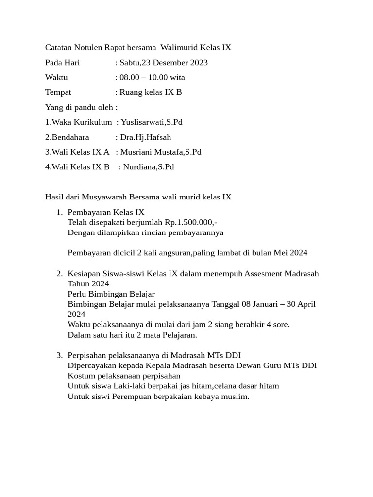 Catatan Notulen Rapat Bersama Walimurid Kelas IX | PDF